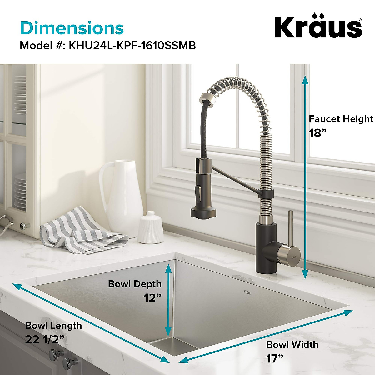 KRAUS 24-inch 18 Gauge Pax Laundry and Utility Sink Combo Set with Bolden 18-inch Kitchen Faucet and Soap Dispenser, Stainless Steel Matte Black KHU24L-1610-53SSMB