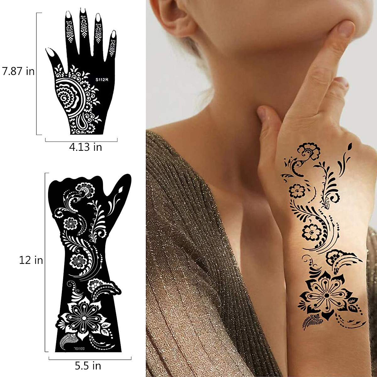 20 Sheets Large Henna Tattoo Stencils, Temporary Tattoo Templates for Hand Forearm Indian Arabian Glitter Airbrush Tattoo Stickers for Girls Woman