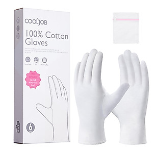 COOLJOB 100% Cotton Gloves, 6 Pairs White Cotton Gloves for Dry Hands Moisturizing & Eczema, Overnight Lotion, Sleep & Spa Treatment for Women & Men, Breathable Work Glove Liners, Medium Size