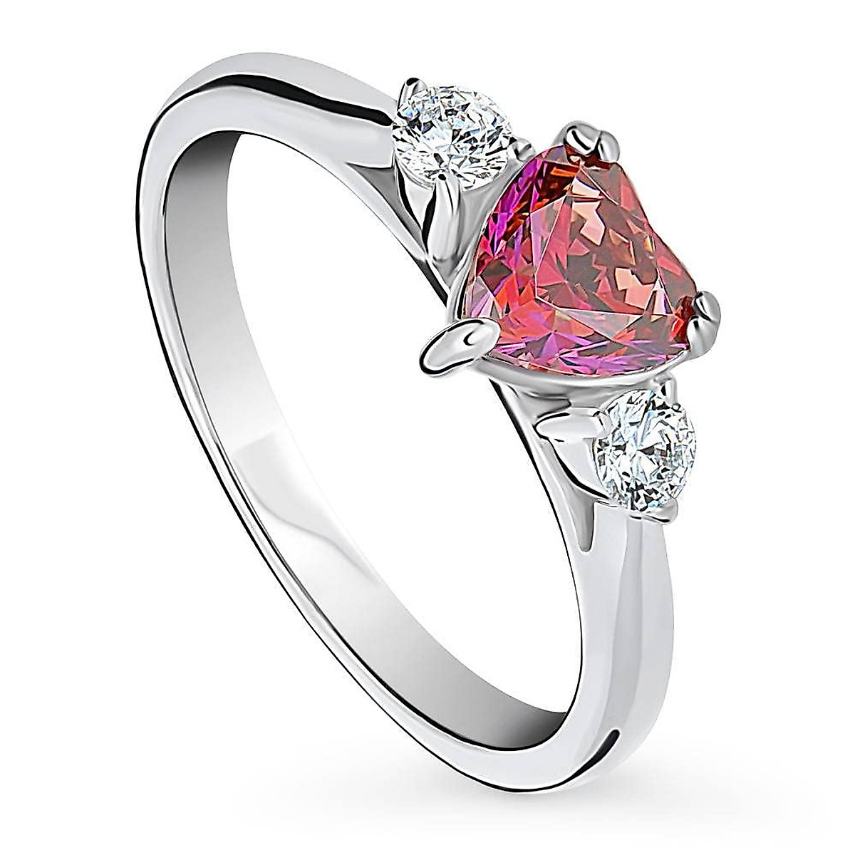 BERRICLE Sterling Silver 3-Stone Wedding Engagement Rings Red Cubic Zirconia CZ Heart Promise Ring for Women, Rhodium Plated Size 7