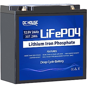 DC HOUSE 12V 24Ah Lithium Battery, 24Ah LiFePO4 Deep Cycle Battery, 3000+ Cycles, Built-in Smart BMS, Perfect for Fish Finder, Scooter, Trolling Motor, Lighting, Kids Ride on Car