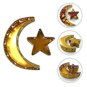 PRETYZOOM 2pcs Crescent Moon Star Tray Ramadan Eid Mubarak Trays Platters Moon Star Dinner Plate Tableware Dessert Food Serving Tray Ramadan Muslim Islamic Party Supply Golden