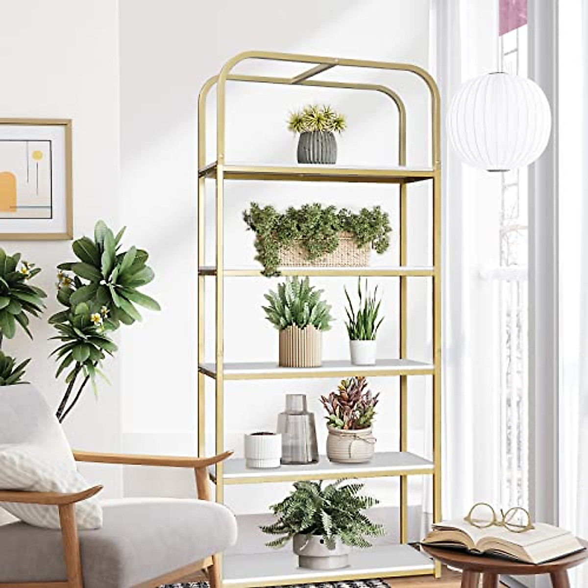 TooCust 5-Tier Gold Bookcase, 29.5" Lx70.6 H, Bookshelf for Bedroom,Gold Book Display Shelf, Arched Bookcase, Organizer Rack for Living Room, Gold Freestanding Display Shelf,White and Gold Bookshelf