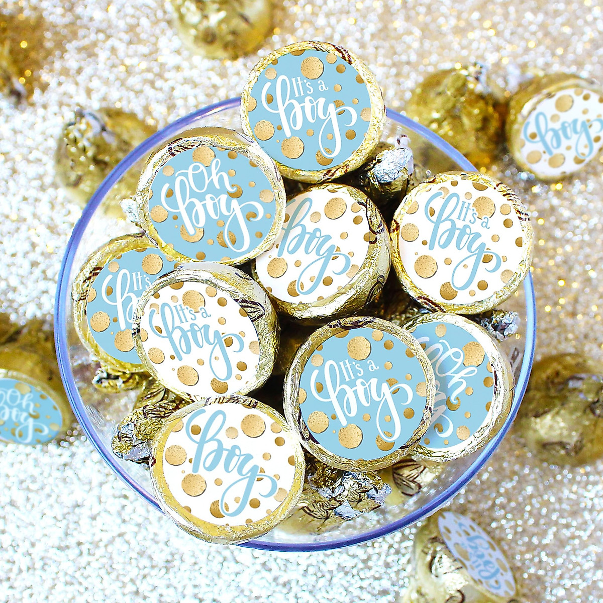 Blue and Gold It's a Boy Baby Shower Favor Stickers, Chocolate Kisses Party Favor Candy Stickers - 180 Labels