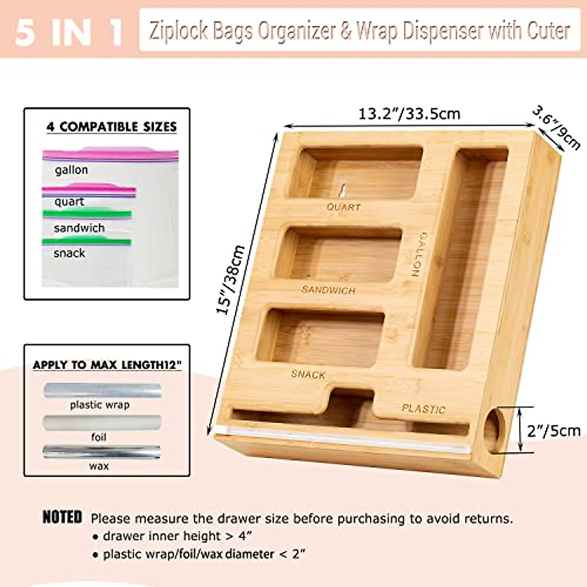 Sansnow 5 in 1 Bamboo Ziplock Bag Organizer Box and Plastic Wrap/Foil/Wax Dispenser with Cutter, Storage Box for Ziplock Bag (Gallon/Quart/Sandwich/Snack), Apply to Kitchen Drawer/Countertop/Wall