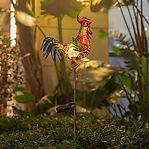 Tryme Solar Lights Outdoor Decorative Rooster Garden Decor Chicken Crackle Glass Globe Stake Lights Waterproof Warm White LED Yard Decor for Pathway Lawn Patio Courtyard Backyard