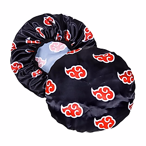 Red Black Cloud Large Bonnet - Silky Design Satin Bonnet With Elastic Soft Bands (Black Red Cloud Bonnet)