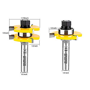 KOWOOD Tongue and Groove Set of 2 Pieces 1/2 Inch Shank Router Bit Set 3 Teeth Adjustable T Shape Wood Milling Cutter