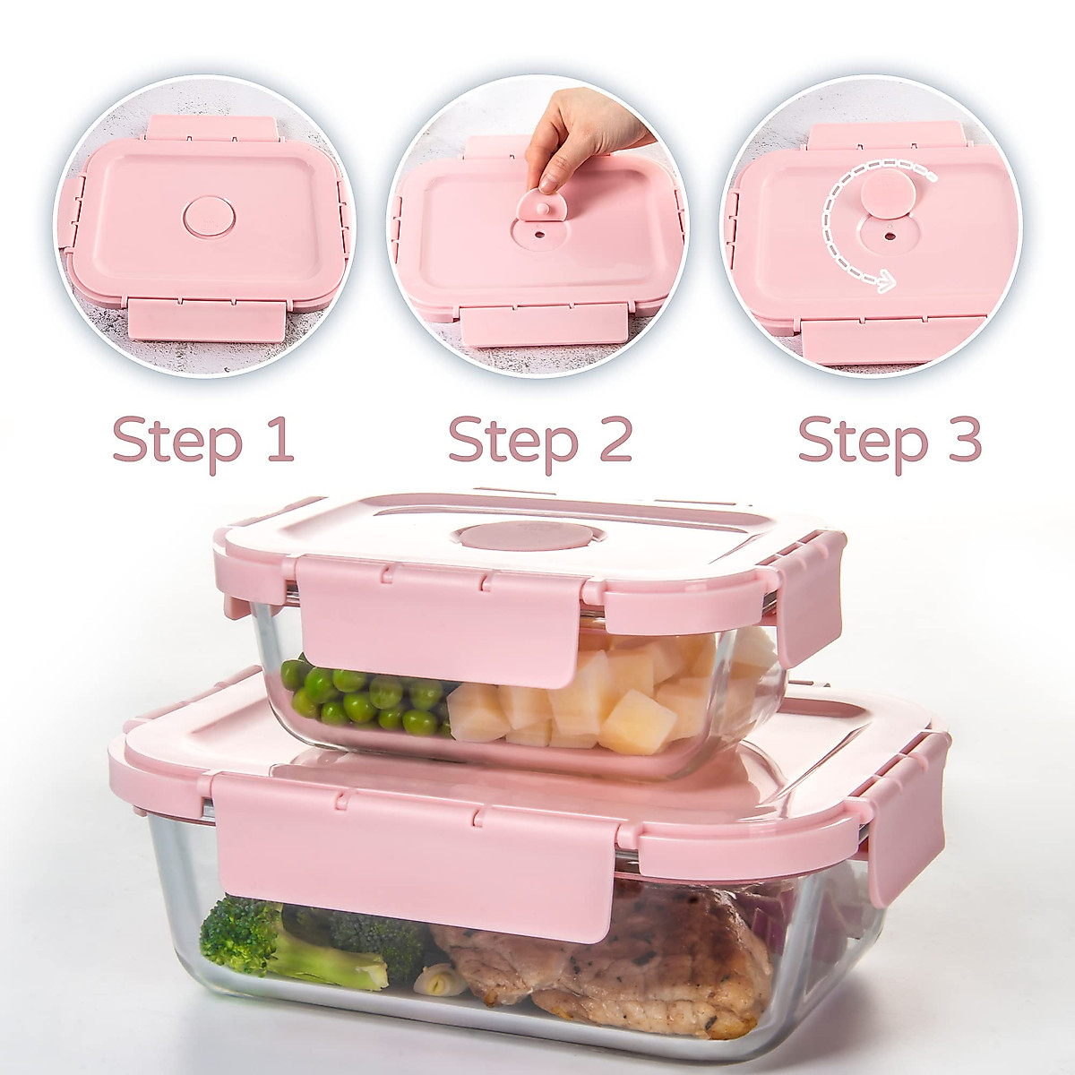 HAKEEMI Glass Meal Prep Containers 10 Pack, Glass Food Storage Containers with Snap Locking Lids Airtight Built in Air Vents, Glass Containers for Lunch, Microwave/Dishwasher Safe, Pink