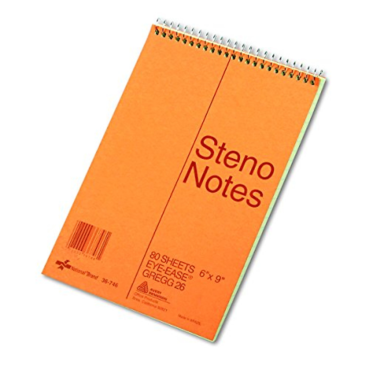 National Standard Spiral Steno Pad, Gregg Rule, Brown Cover, 80 Eye-Ease Green 6 X 9 Sheets