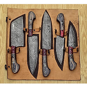 Hand Forged Chef Knives Kitchen Set Damascus Steel Knives Handmade Knife Set,Professional Chef Knives Set Vegetable Meat Cooking Knife Tools Accessories with Beige Solid Wood Handle,5 Pieces Set Knife