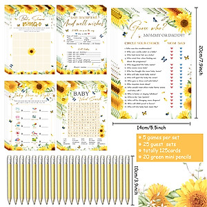 145 Pieces Sunflower Baby Girl Shower Game Set 5 Games 25 Sheets of Each with 20 Pencils Floral Baby Shower Games & Activities for Girl Includes Baby Descriptions and Wishes, Guess Who, Bingo Game