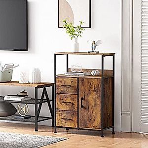Furnulem Industrial Storage Cabinet with 3 Drawers and Door,2 Tiers Shelves Wood Floor Cabinet with Sturdy Frame for Bathroom,Entryway,Office,Kitchen
