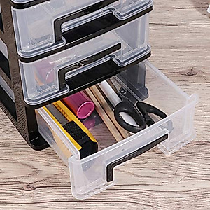 YARNOW 4 Drawer Storage Drawers and Personal Organizer, 1Set of Plastic Containers for Storing Arts, Crafts, Sewing Accessories, Stationary (Black and Transparent)
