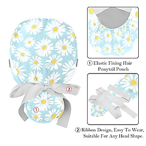 Mersov Little Daisy White Flowers Light Blue Working Cap with Button & Sweatband, 2 Packs Reusable Surgical Surgery Hats Ponytail Holder, Light Blue,white, Medium-3X-Large