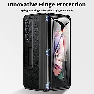 spoovcto Upgraded Leather for Samsung Fold 3 Case, for Galaxy Fold 3 Case with Hinge Protection Built-in Screen Protector Kickstand,Shockproof Protective Cover for Samsung Galaxy Z Fold 3-Black
