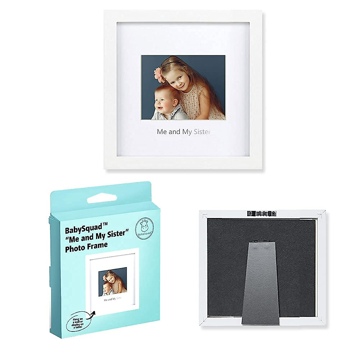 BabySquad Me and My Sister Photo Frame, 7 x 7 (INCHES), Sawtooth Hanger + Kickstand, Sister Gifts, Handcrafted White Wooden Photo Frame, Keepsake Gift