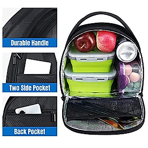 Gloppie Lunch Box Insulated Lunch Bag for Men Women Lunch Cooler Bags Black Lunch Tote Bag for Bento Box Lunch Containers Adult Lunchbox Lunchbag Work Office Picnic