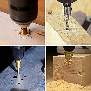 WICHEMI 26-Pack Woodworking Chamfer Drilling Tools - 6 Countersink Drill Bits, 7 Three Pointed Countersink Drill Bit with L-Wrench, 8 Wood Plug Cutter, 3 Step Drill Bit, and Automatic Center Punch