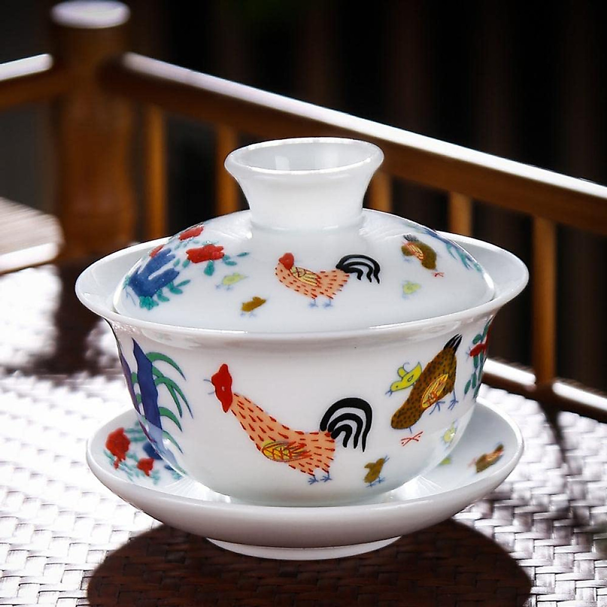 Bicuzat Funny Chicken Rooster Pattern Gaiwan Tea Cup, Kung Fu Teacups, 5 oz Cup and Saucer Set with Lid