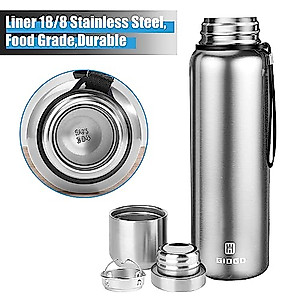 Insulated vacuum Thermo Bottle 1000ml/33oz with cup Stainless steel coffee bottles for hot and cold drink water flask.(Silver,1000ml)