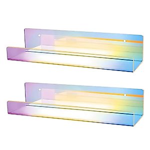 NatldGs 2 Pcs Iridescent Acrylic Floating Shelves, 15.7Inch Rainbow Acrylic Shelves/Bookshelf for Bedroom, Bathroom or Living Room Decor (Wall Mounted)…