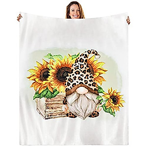 tiosggd Sunflower Gnomes Throw Blanket Leopard Cute Gnomes Blanket Fall Harvest Blankets Bed Quilt Throw for Couch Sofa Flannel Plush Super Soft Blanket 60''x50''