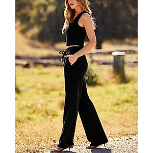 BTFBM Women's Summer 3 Piece Outfits Ribbed Knit Cardigan Cropped Tank Tops Wide Leg Pant Tracksuit Lounge Matching Sets(Solid Black, Medium)