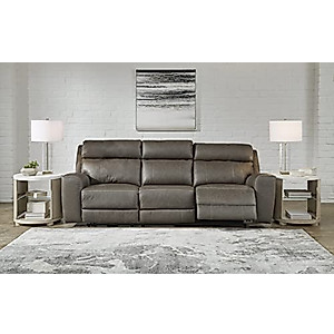 Signature Design by Ashley Roman Contemporary Tufted Leather Power Reclining Sofa with Adjustable Headrest, Gray