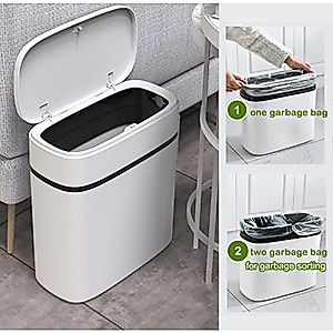 COMODID 14 Litre Trash Can with Press Top Lid, 3.7 Gallons Plastic Garbage Bin, Slim Wastebasket for Bathroom, Kitchen, Toilet, Office, Room, Bedroom, White lid Without Brush