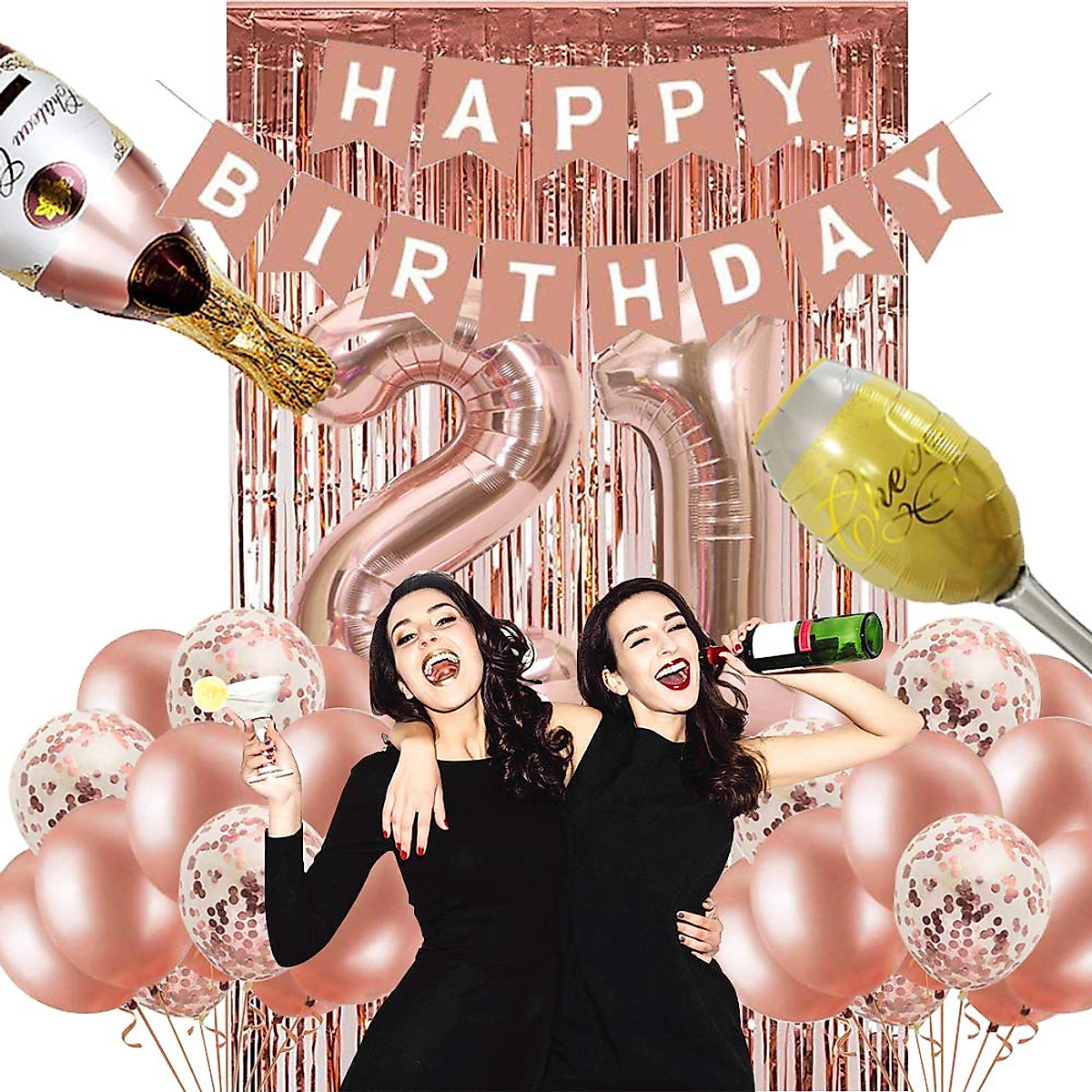 21st Birthday Decorations for Women, Rose Gold 21 Birthday Party Decoration for Her, 21st Happy Birthday Banner Kits Rosegold Balloons Decoration for Girls Women 21st Birthday Party Supplies
