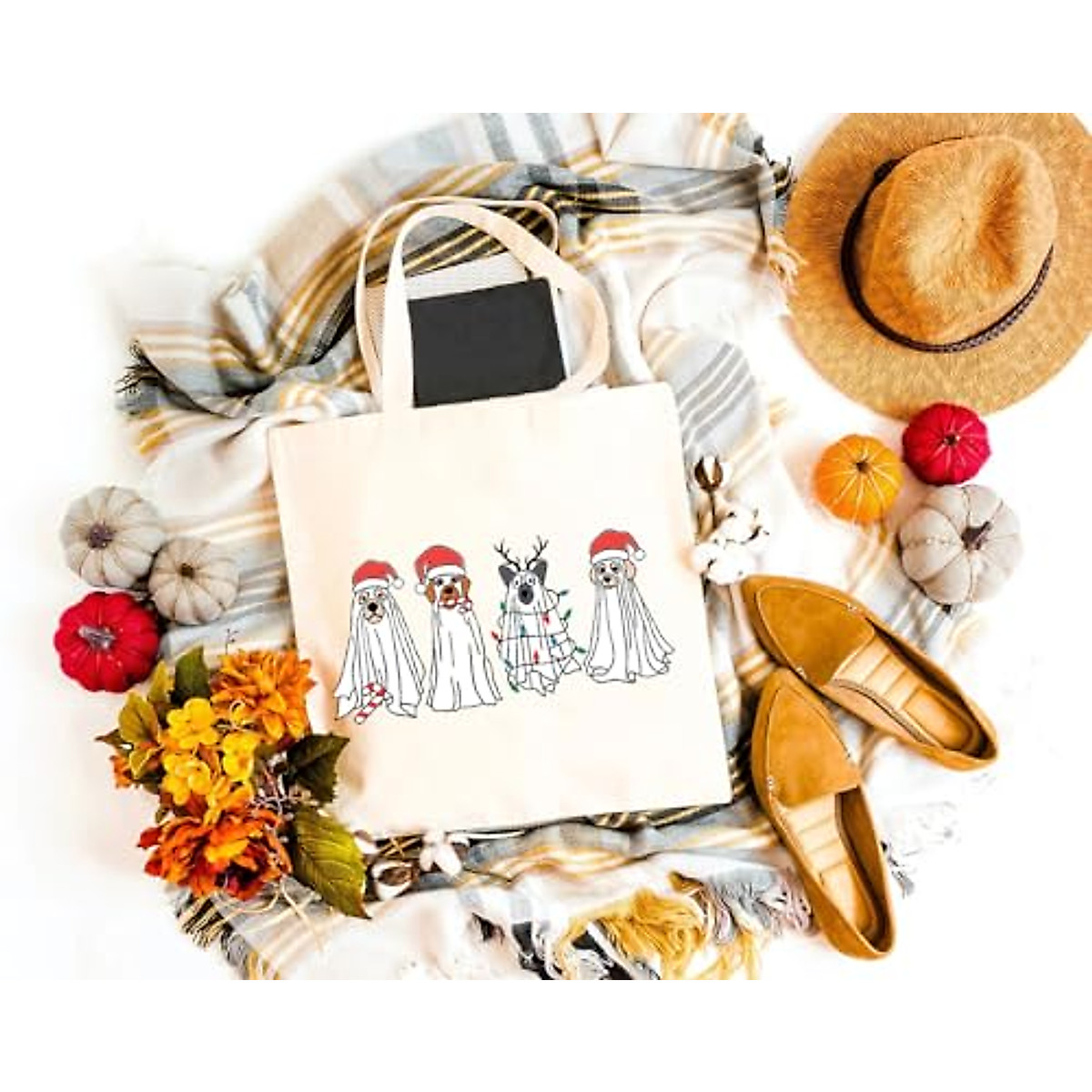 GXVUIS Christmas Ghost Dog Canvas Tote Bag for Women Aesthetic Party Reusable Grocery Shoulder Shopping Bags Dogs Mom Gift White