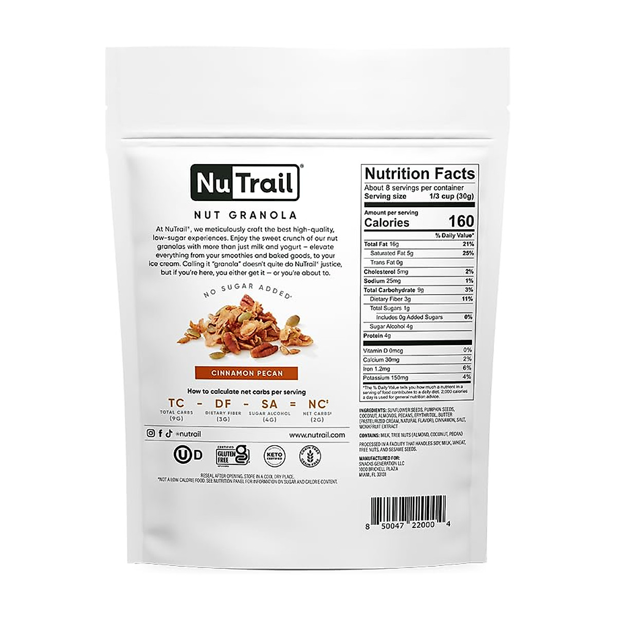 NuTrail Nut Granola Cereal, Cinnamon Pecan, No Sugar Added, Gluten Free, Grain Free, Keto, Low Carb, Healthy Breakfast 8 oz. 1 Count