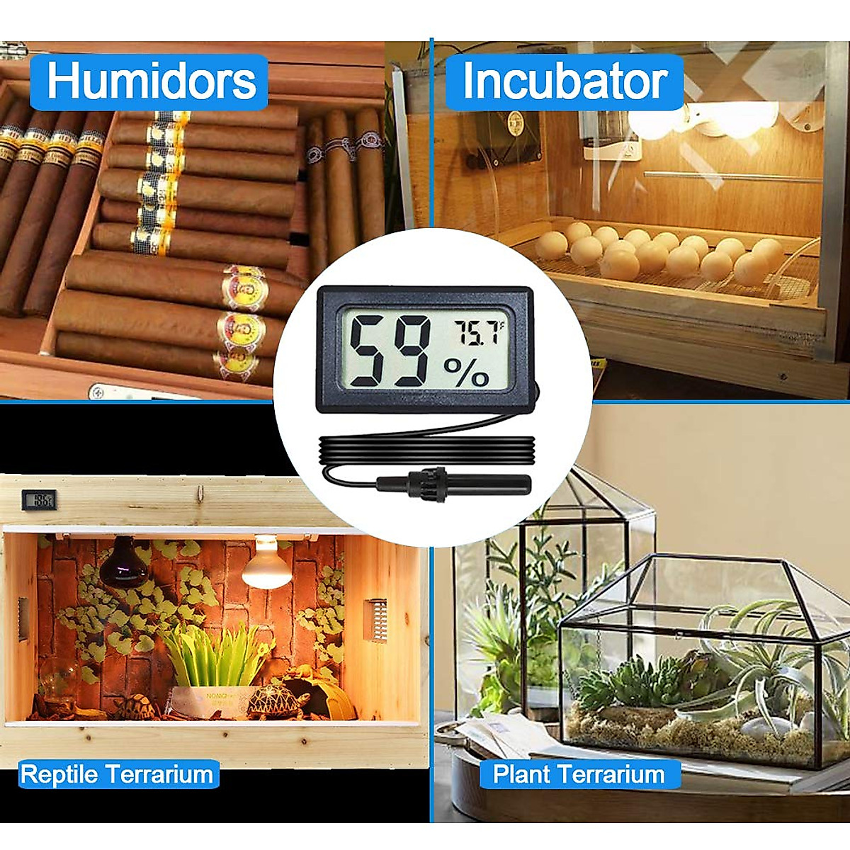 Veanic 2-Pack Mini Digital Hygrometer Thermometer Gauge with Probe LCD Display Temperature Fahrenheit Humidity Meter for Incubator, Reptile Plant Terrarium, Humidor, Guitar Case, Greenhouse