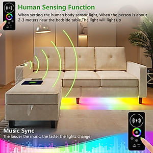 HNEBC Convertible Sectional Sofa Couch with LED Lights, Modern L Shaped Couch with Charging Station, Reversible Sectional Couches with Storage Ottoman for Living Room/Bedroom/Office(Beige)