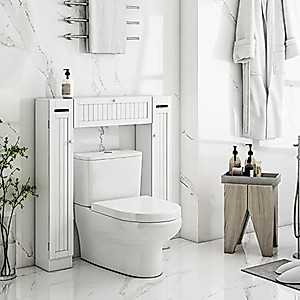 Over-The-Toilet Storage Cabinet with 2 Side Doors, Freestanding Toilet Cabinet Organizer with Adjustable Shelves & Paper Holder, Bathroom Space Saver with Pull-Down Door, Toilet Rack, White