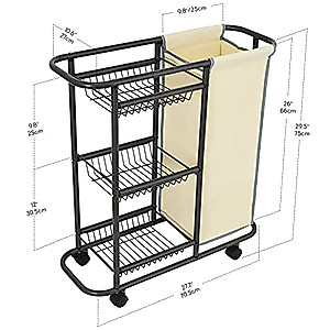 Lucalda Laundry Sorter Cart Movable Bathroom Organizer Gray Laundry Storage Baskets with Heavy Duty Rolling Wheels 3-Tier Storage Shelves with 1 Bag for Clothes