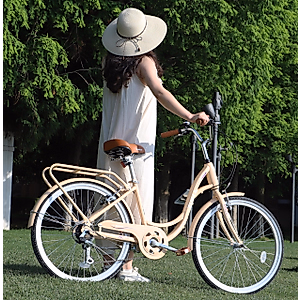 MEGHNA Cruiser Bike Low Step-Through 26inch Commuter Bike V - Brake 7 Speed Shifter Driven City Bike for Women Senior Men (Beige)