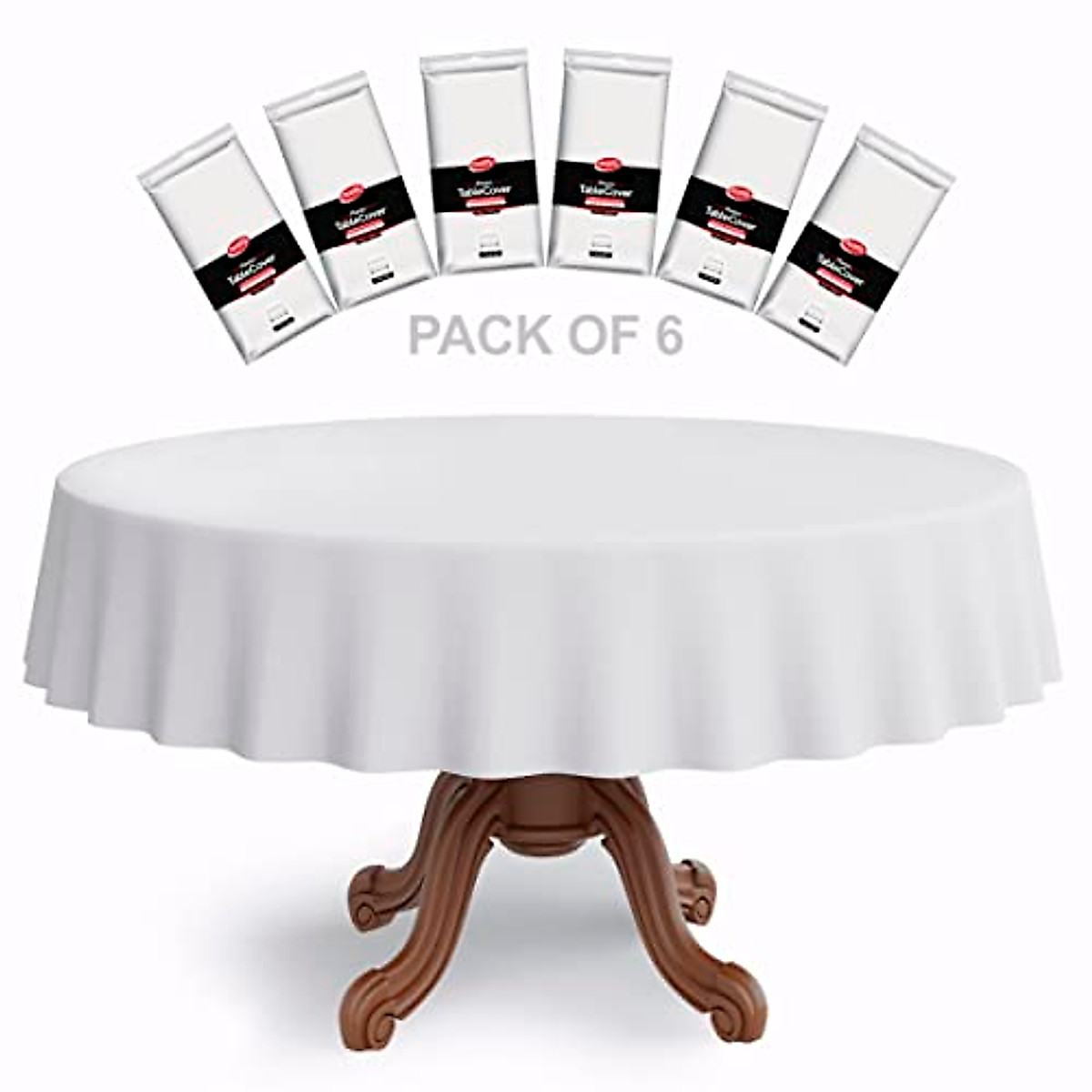 Neatiffy 84 Inch 6 Pack Disposable Round Plastic Tablecloths Picnic / Camping / Party / Banquet Table Cover. Table Cloth for Round 84" Tables, (White)