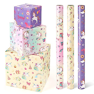 WERNNSAI Unicorn Wrapping Paper Rolls - 3 Rolls 17” x 120” Unicorn Birthday Wrapping Paper Rolls Pink Unicorn Rainbow Gift Wrap Paper Girls Purple Wrapping Paper Rolls Kids Bday Gift Wrap with Cutting Line