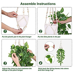 CEWOR Fake Hanging Plant with Pot, Artificial Hanging Plant Vine for Home Decor Indoor, Macrame Plant Hanger with Fake Vines Faux Hanging Planter Greenery for Bedroom Bathroom Kitchen Office Decor
