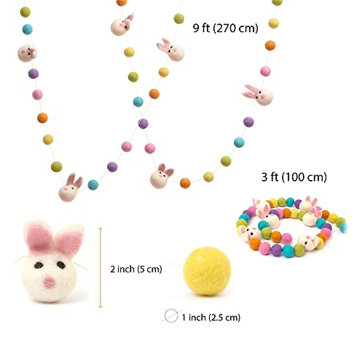 Glaciart One Felt Ball & Bunny Garland - Fun Party Decorations for Easter, Spring & Birthdays - Home Decor for Living Room, Bedroom, Baby Room - 100% Natural Wool Pom Poms with Cotton String - 9 Ft.