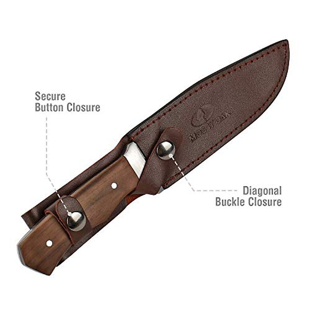 Mossy Oak 11-inch Full-tang Fixed Blade Knife with Leather Sheath, Clip Point Blade and Wood Handle, for Outdoor Survival, Camping