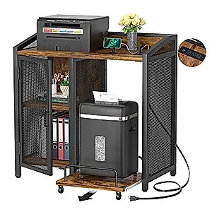 Unikito 3-Tier Lateral Office Filing Cabinets with Socket and USB Charging Port, Modern Printer Stand and Paper Shredder Stand Rack with Wheels and Open Storage Shelves for Home Office, Rustic Brown