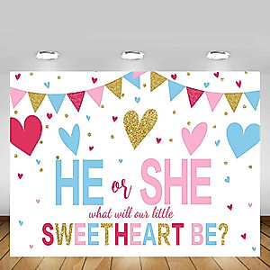 MEHOFOND Sweetheart Gender Reveal Baby Shower Photo Background He or She Valentine's Day Blue or Pink Gold Love Hearts Party Decoration Backdrops Banner for Photography 7x5ft