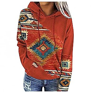 Women's Western Ethnic Style Print Aztec Sweatshirt Long-Sleeved Hoodie Pullover, Cowgirl Rhombus Printed Hooded top, Red, X-Large
