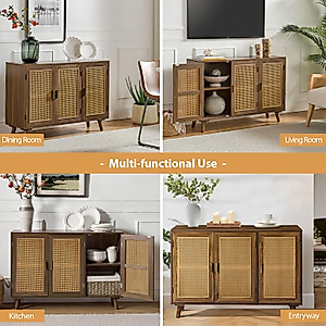 HULALA HOME Accent Storage Cabinet with 3 Natural Rattan Doors & Wood Legs, 2-Tier Shelf Sideboard Buffet Cabinet, Cupboard Console Table for Living Room, Entryway, Dining Room, Hallway (Walnut)