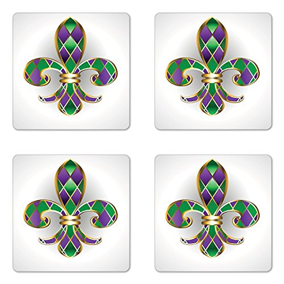 Ambesonne Fleur De Lis Coaster Set of 4, Golden Yellow Colored Lily with Diamond Shapes Royalty Theme, Square Hardboard Gloss Coasters, Standard Size, Green Purple