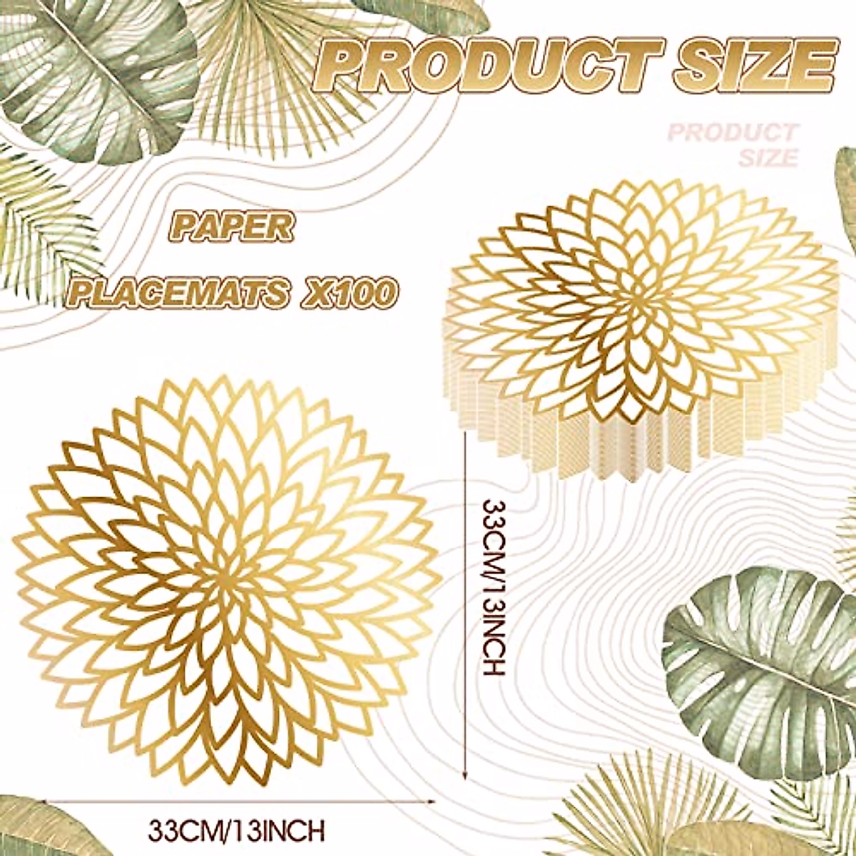 100 Pack Disposable Gold Metallic Round Paper Place Mats 13 Inch Laminated Paper Leaf Dining Table Decoration Pressed Paper Round Table Mates for Dining Table Wedding Home Decoration (Gold Bloom)