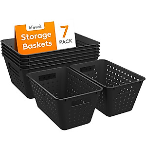 Lifewit Plastic Storage Basket, 7 Pack Stackable Storage Bins for Organizing, Multi Size Open Containers for Shelving, Pantry, Office and Cabinet, 5 Large and 2 Small Size, Black